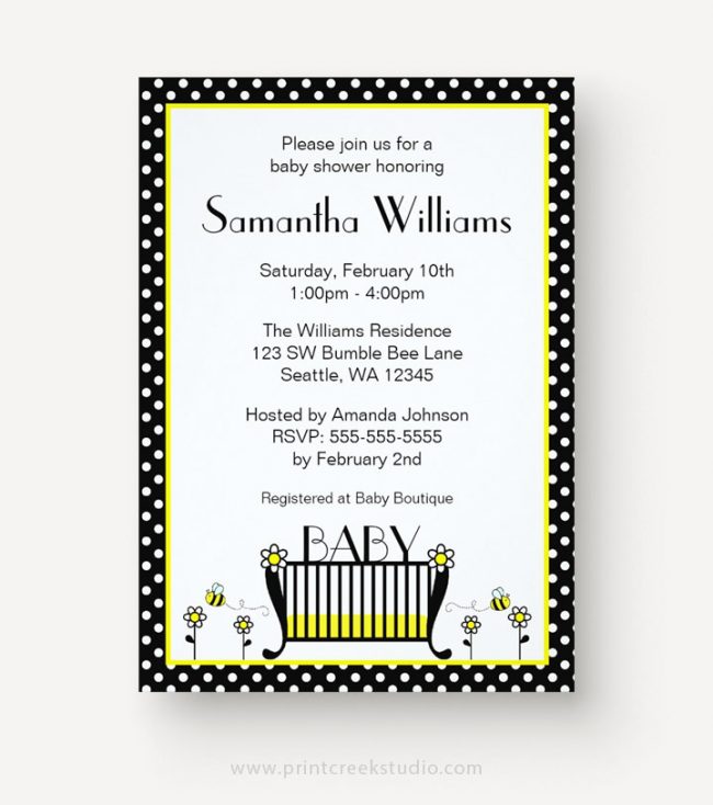 5 Cute Bumble Bee Baby Shower Invitations - Print Creek Studio Inc