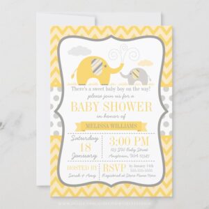 Mod Yellow Gray Elephant Baby Shower Invitation - Print Creek Studio Inc