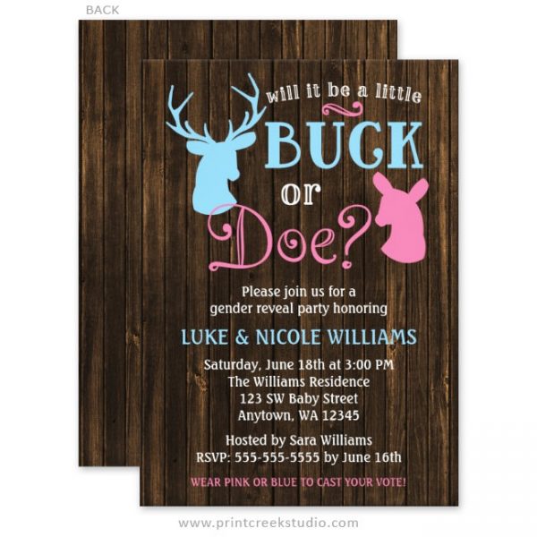 Buck or Doe Gender Reveal Party Invitations - Print Creek Studio Inc