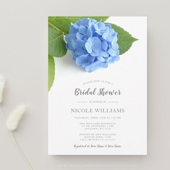 Blue Hydrangea Floral Bridal Shower Invitation - Print Creek Studio Inc