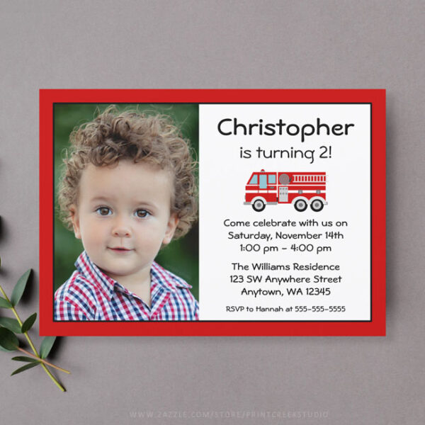 Red Fire Engine Birthday Party Photo Invitations - Print Creek Studio Inc